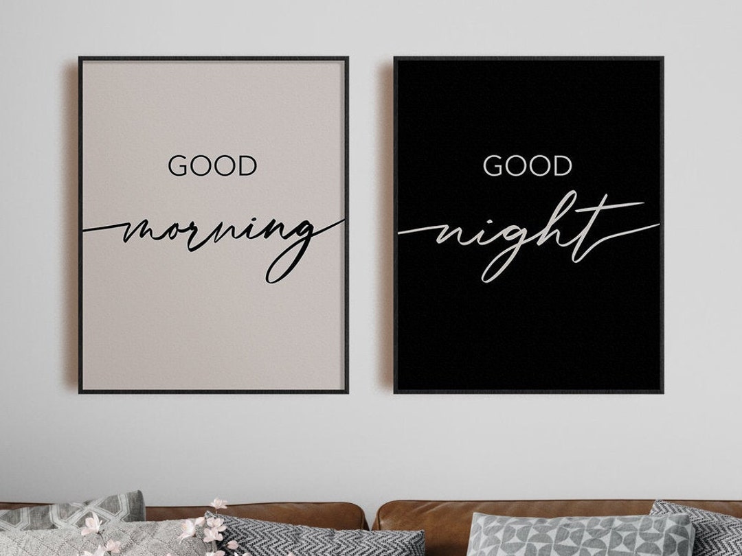 Good Morning Good Night Print Set: Beige & Black Bedroom Wall Art ...