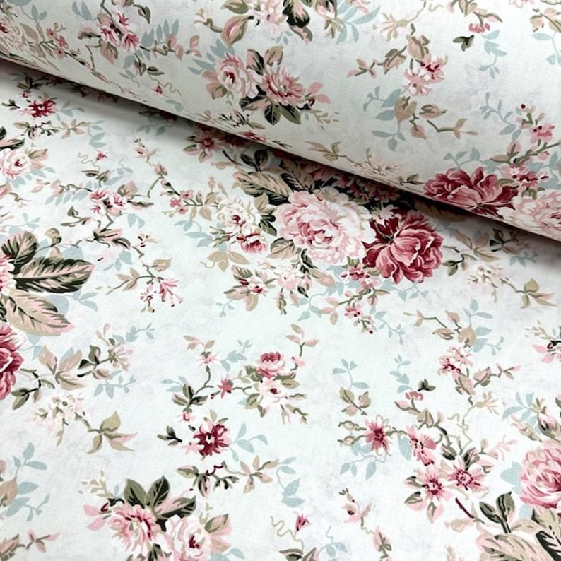 Cabbage Rose Fabric Cotton Fabric by the Yard Pastel Floral - Etsy