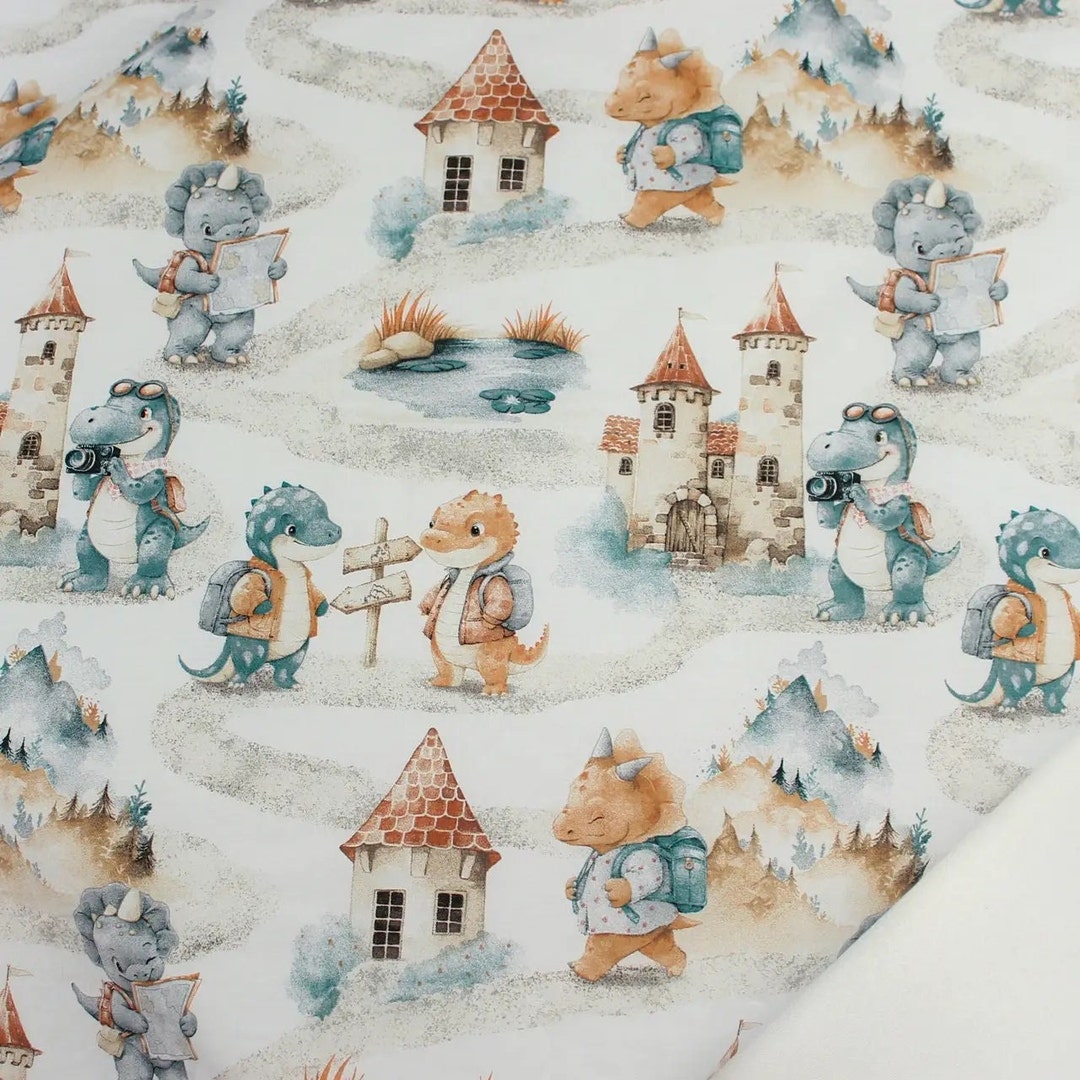 Dinosaurs Fabric Dino and Castle Fabric Boy or Girl Dinosaur Fabric by ...