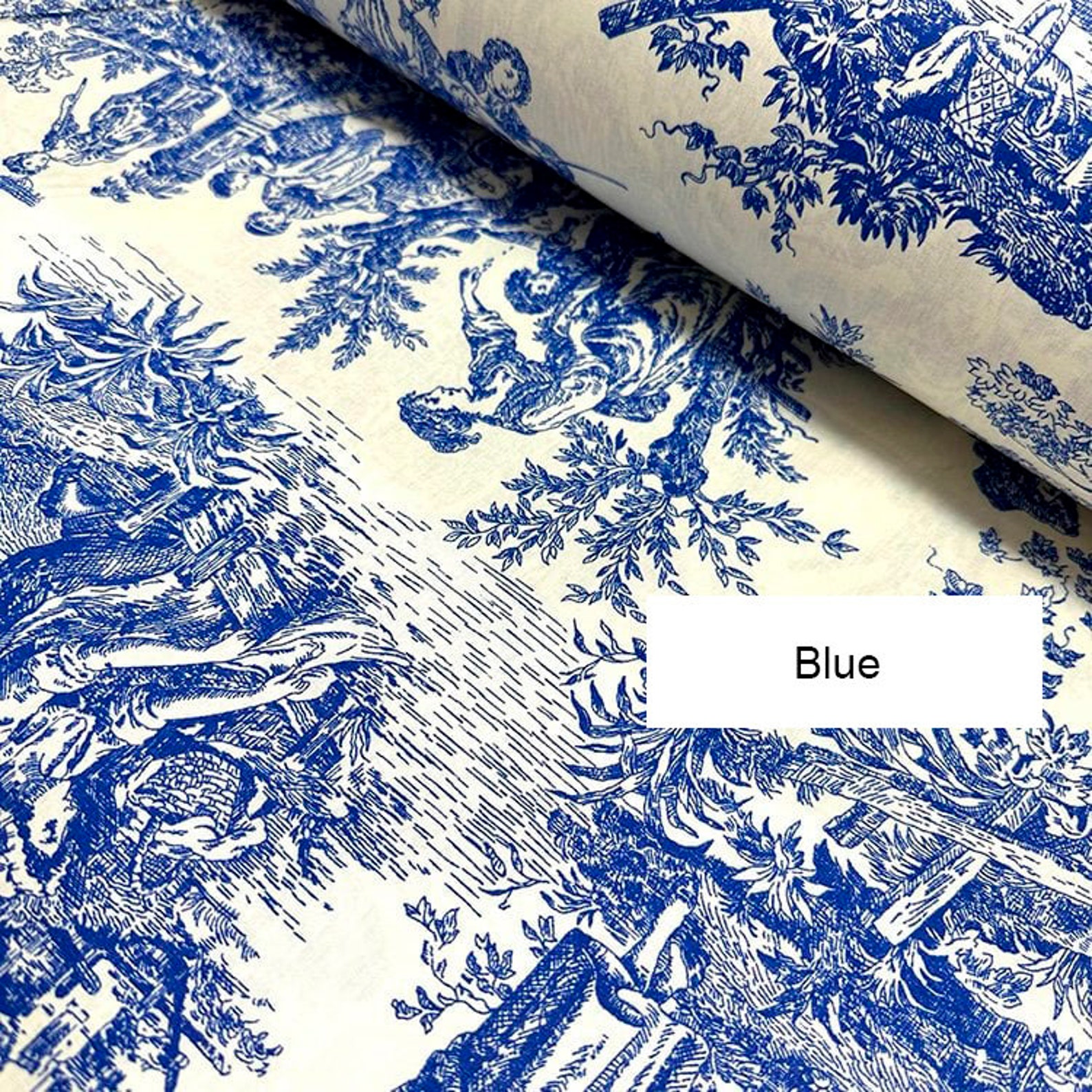 French Blue Fabric Toile De Jouy Fabric Country Cotton Fabric by the ...