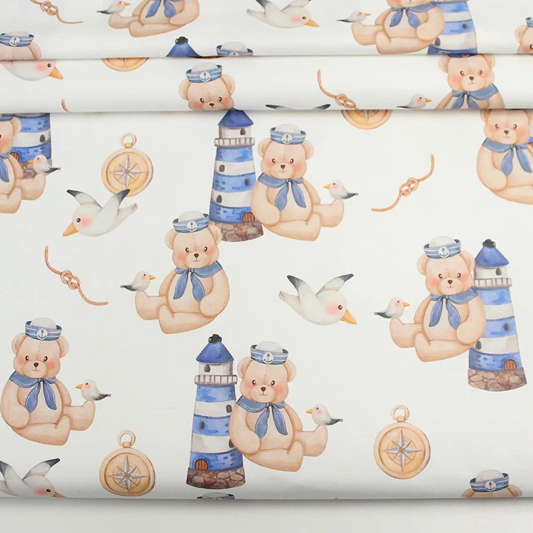 Watercolor Bear Fabric by the Yard Nursery Fabric Nautical Themed Bears ...