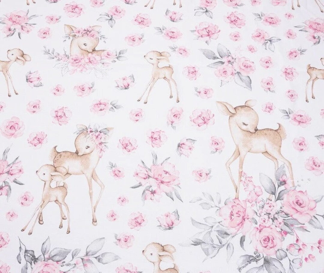 Flowers and Deers Fabric Deer Print Fabric Floral Cotton Fabric by the ...