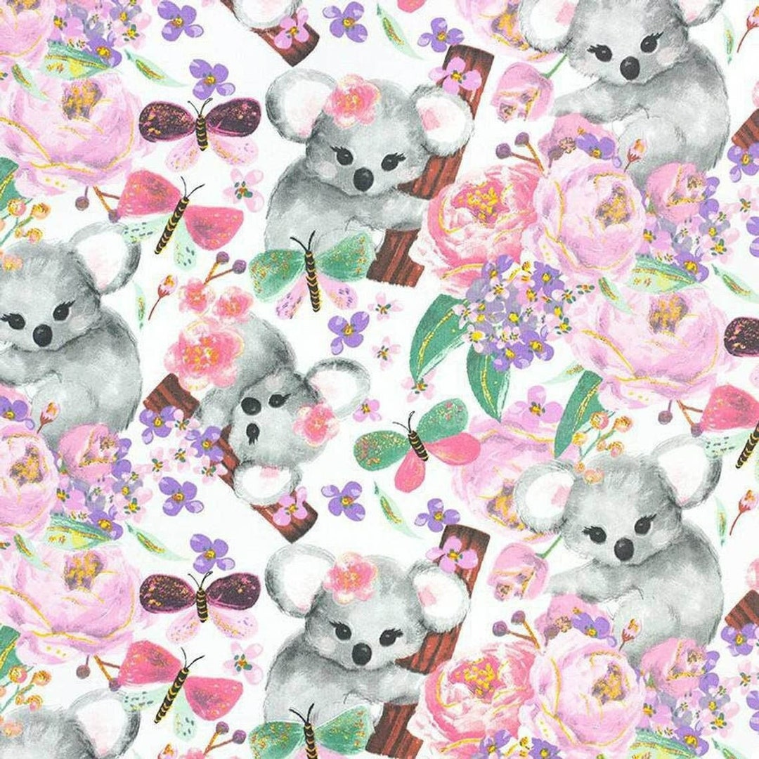 Baby Girl Fabric by the Yard-meter Flowers & Animals Fabric Koala Bear ...