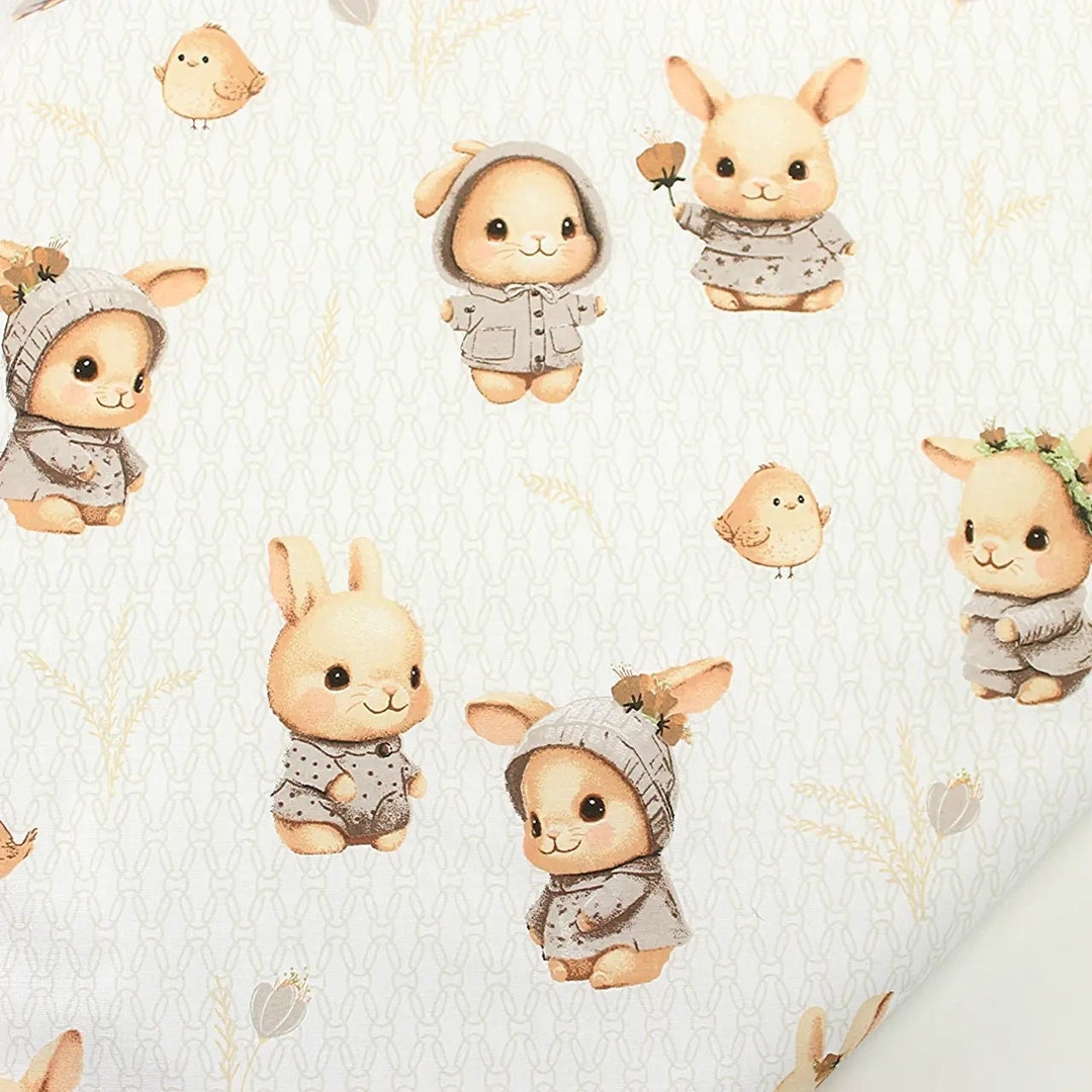 Baby Cotton Fabric Watercolor Cute Bunny Flowers Birds Fabric Nursery ...