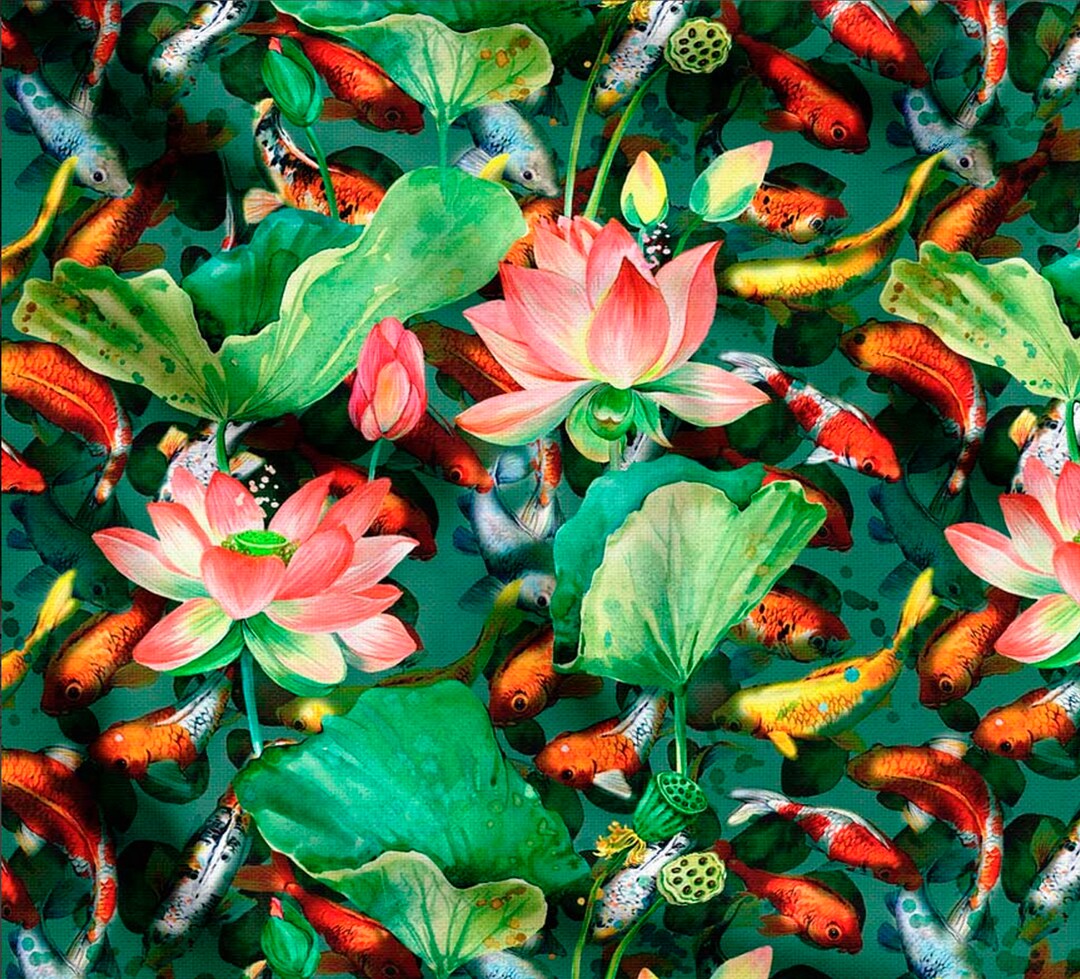 Lotus Fabric Koi Fish Upholstery Fabric Japanese Pattern Asian Fabric ...