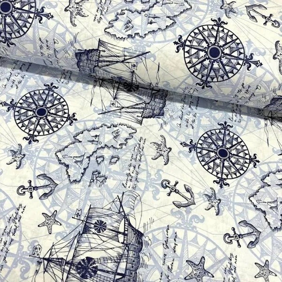 Nautical by the Yard World Map Fabric Anchor Сompass Sea Sailing Print ...