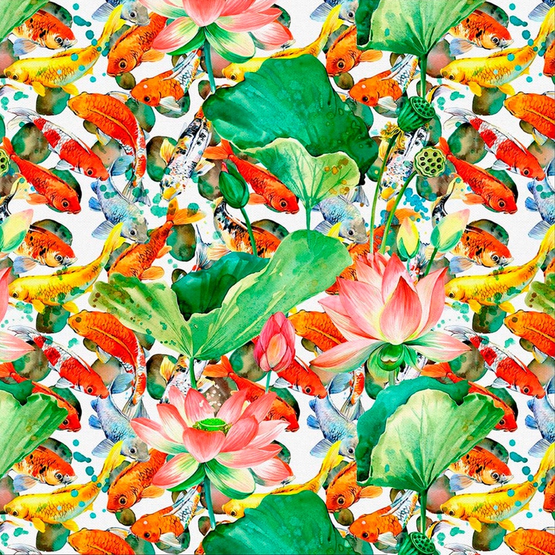 Koi Fish Upholstery Fabric Water Lily Chinese Pattern Asian Fabric by ...