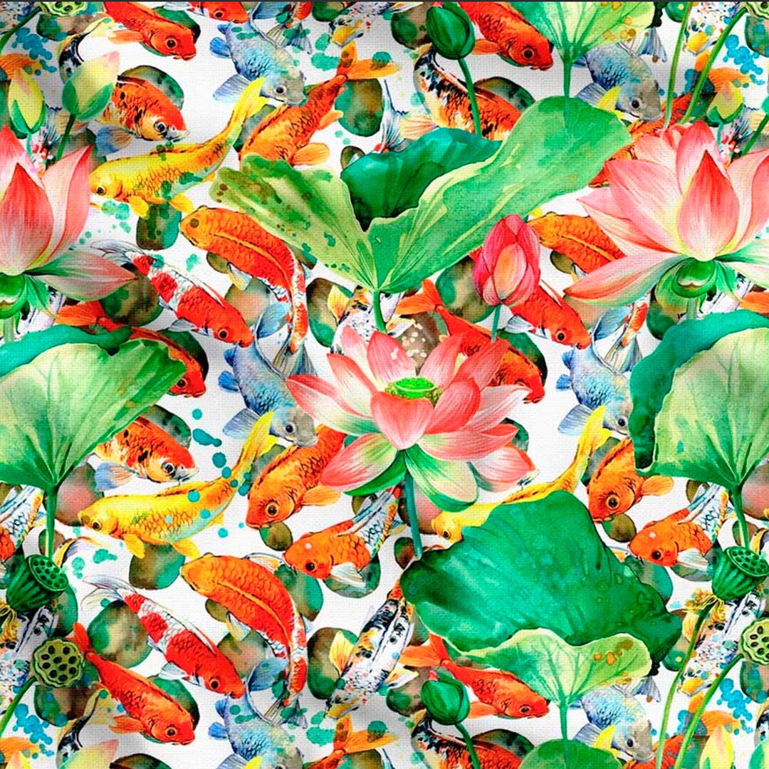 Lotus Fabric Koi Fish Upholstery Fabric Japanese Pattern Asian Fabric ...