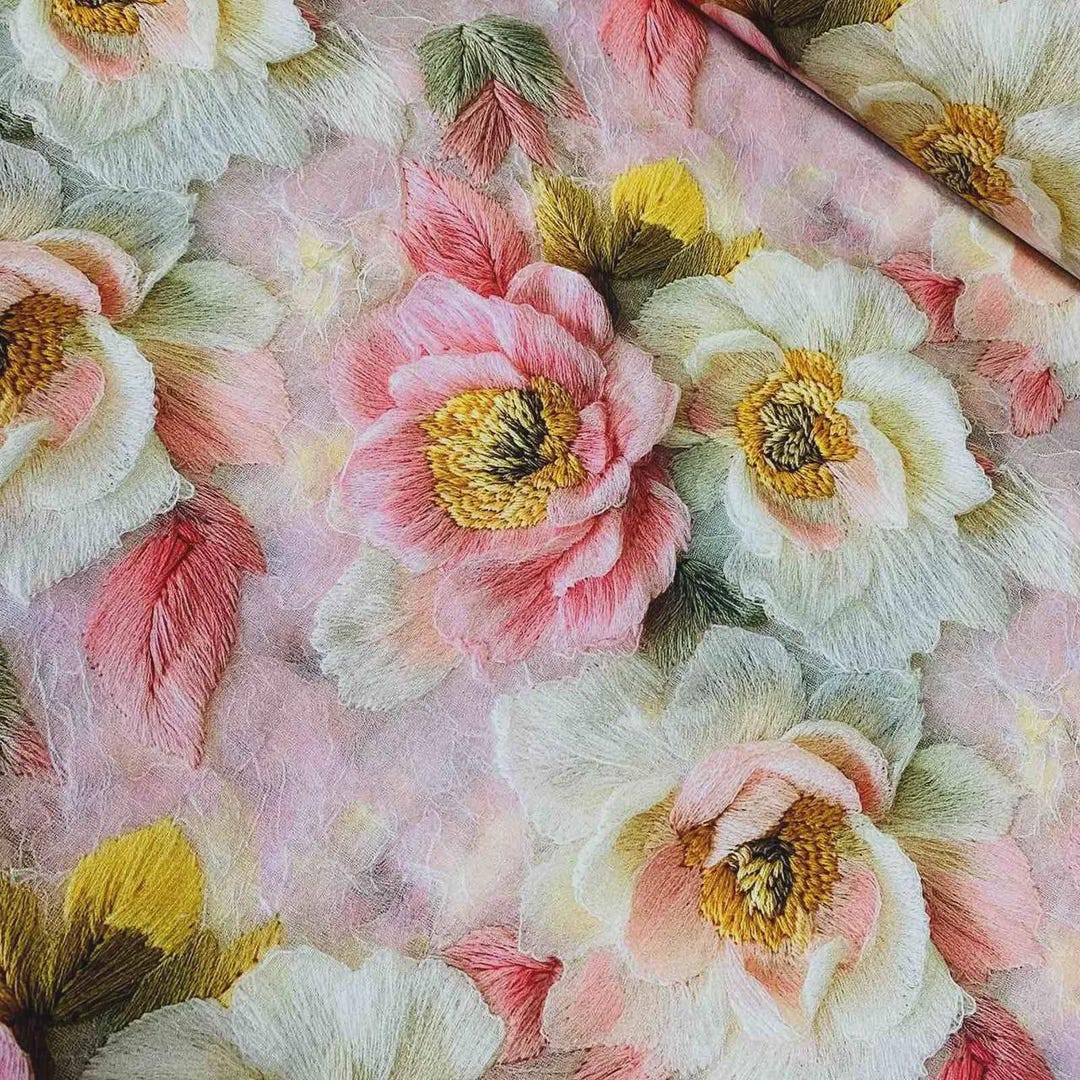 Floral Embroidered Effect Fabric Colorful Large Print Fabric by the ...