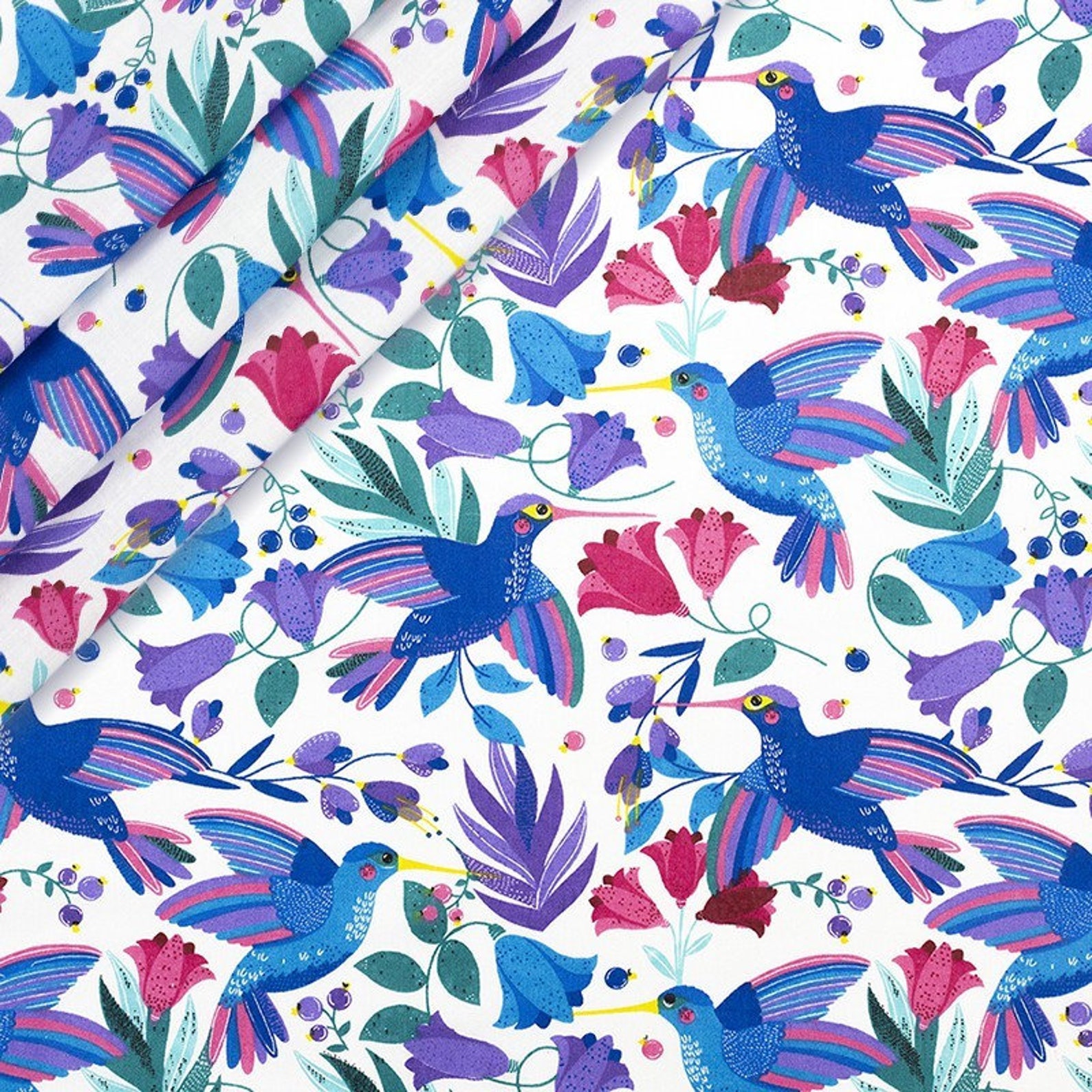 Exotic birds fabric Folk fabric Hummingbird fabric by the | Etsy