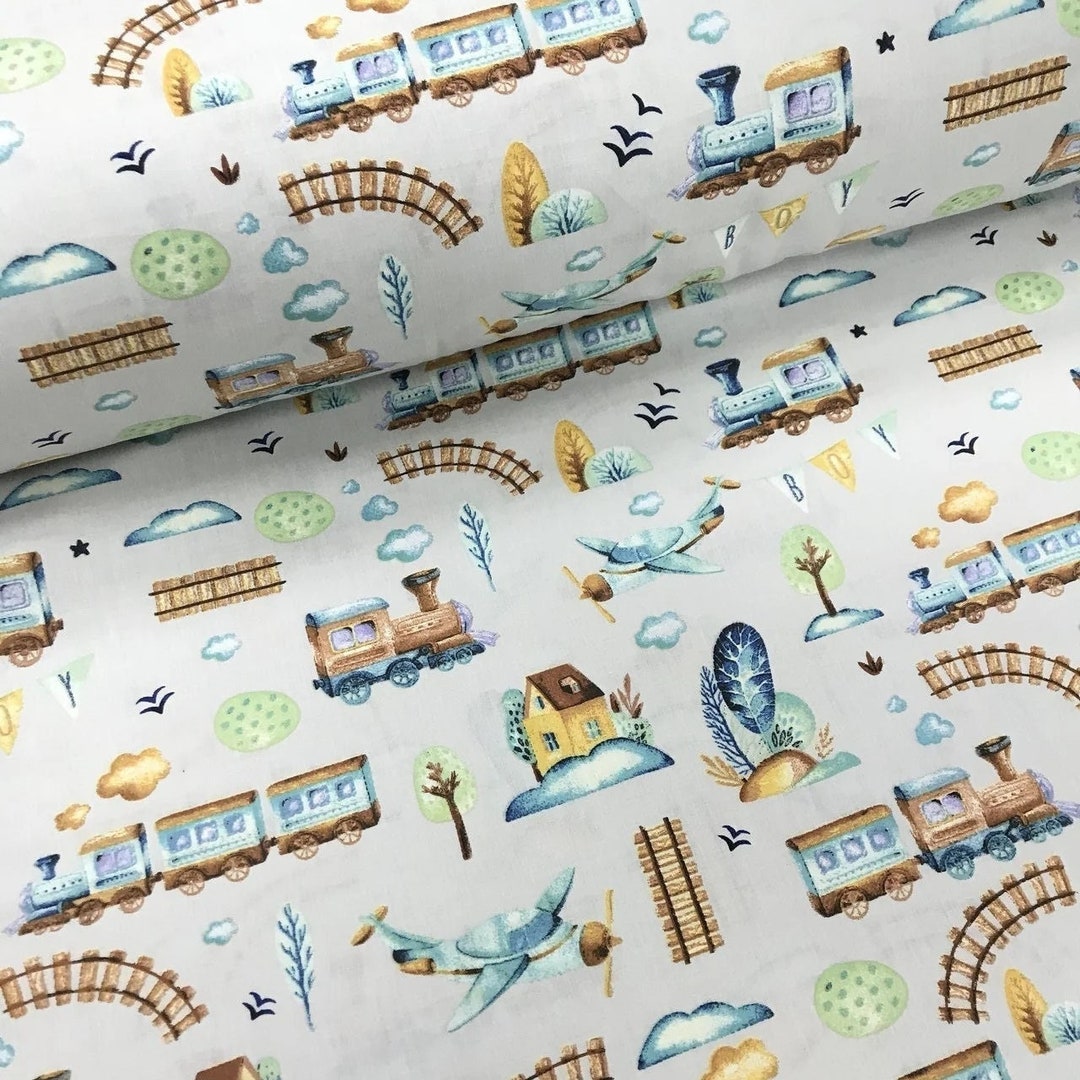 Airplane Fabric Baby Boy Fabric Nursery Fabric Railroad Travel Train ...