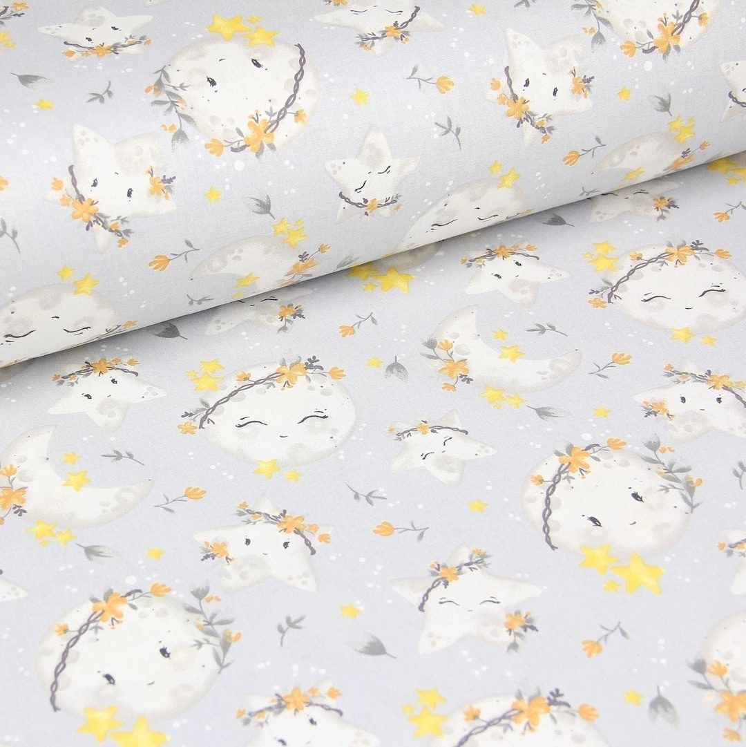 Moon and Stars Fabric Moon in Floral Wreath Fabric Baby Fabric by the ...