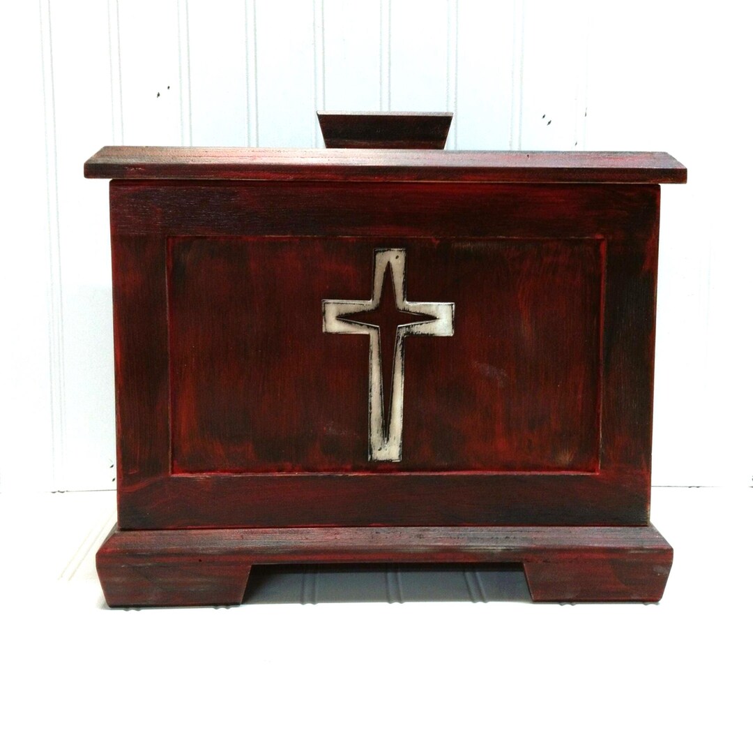 Rustic Wood Cremation Urn With Cross: Aged Red Primitive Decor, FREE ...