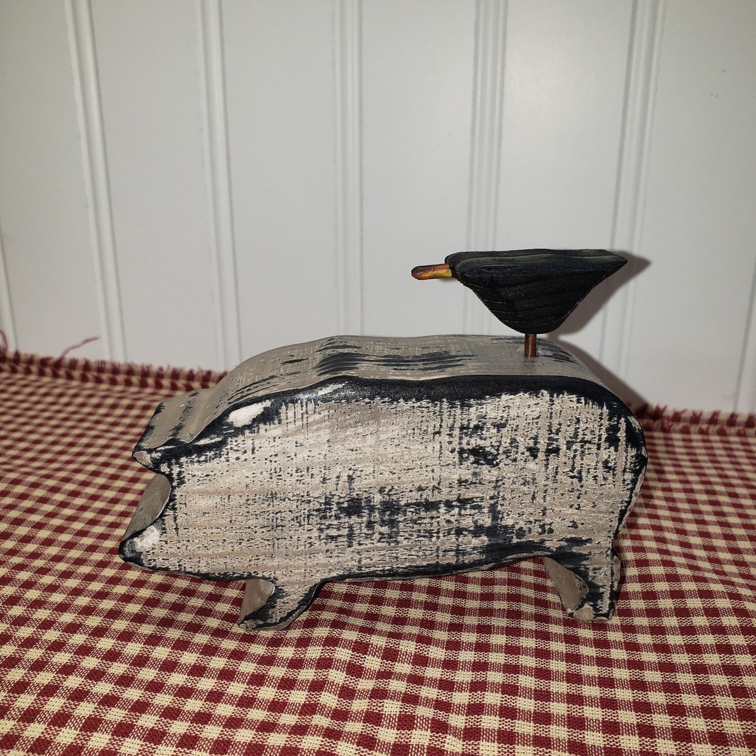 Pig, Primitive Pig, Pig With Crow, Wood Pig With Crow, Aged White ...
