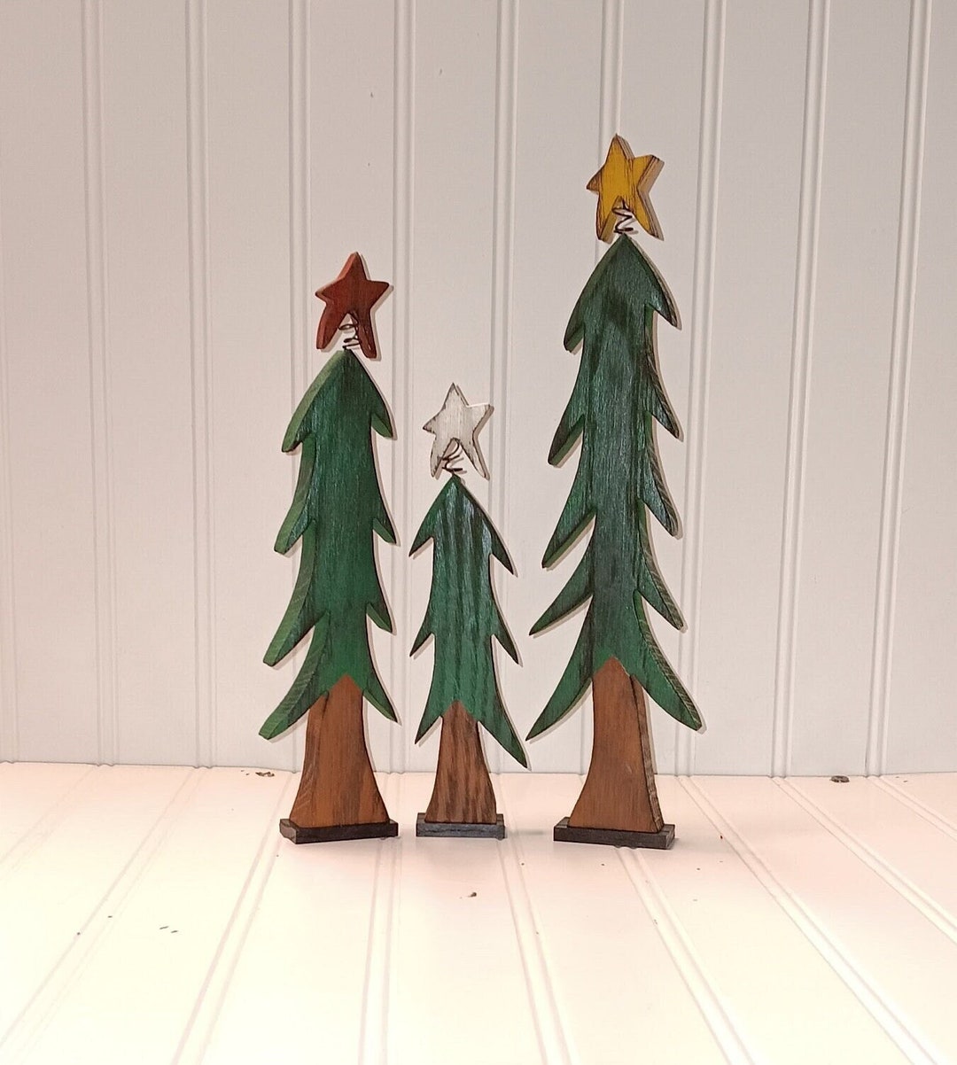 Primitive Trees, Wooden Trio of Trees, Wood Trees With Primitive Stars ...