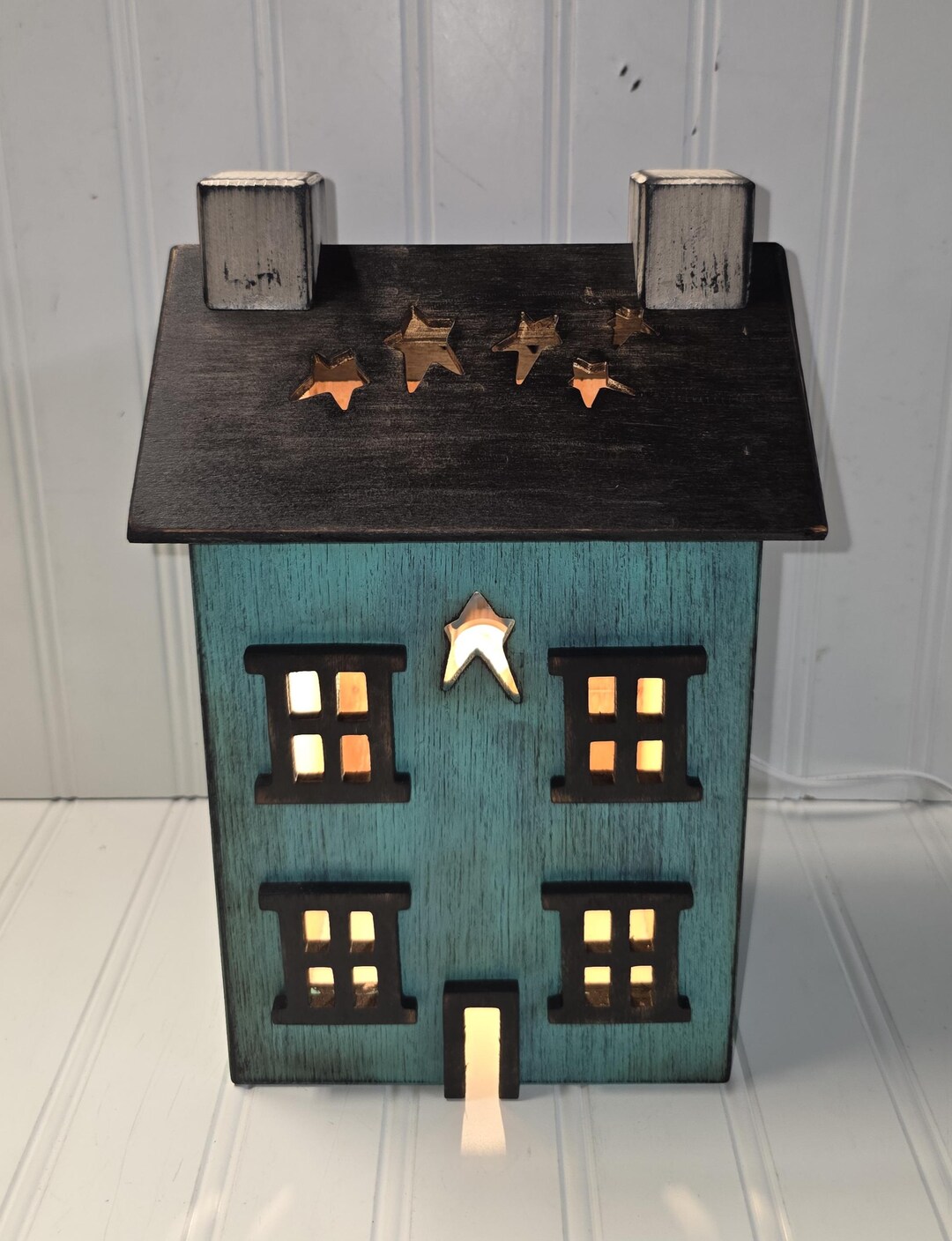 Rustic Wood House Night Light: Star Cut-out Roof, Aged Teal, Free ...