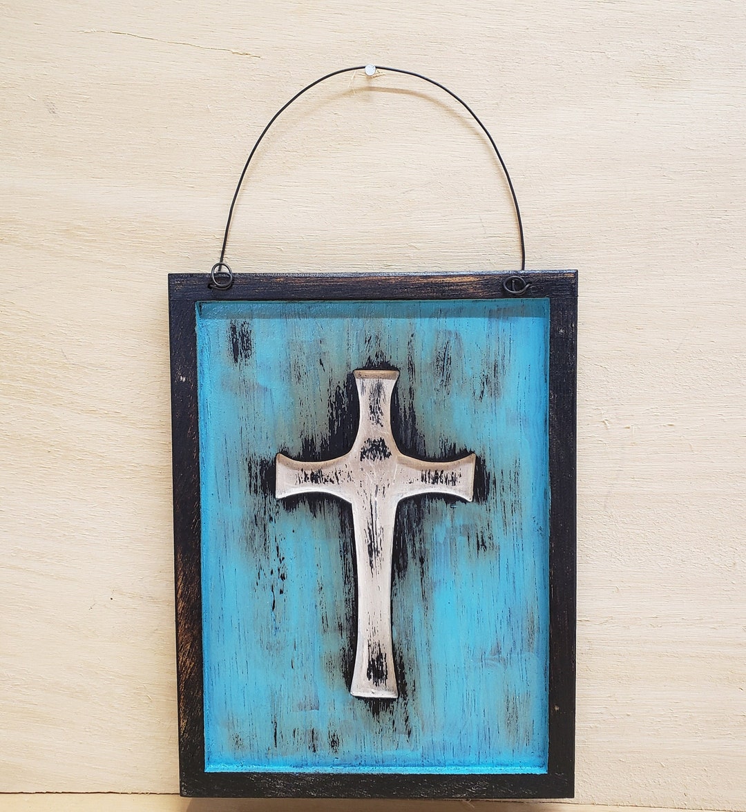Wood Cross, Primitve Wood Cross Sign, Framed Cross,aged Blue,aged White ...