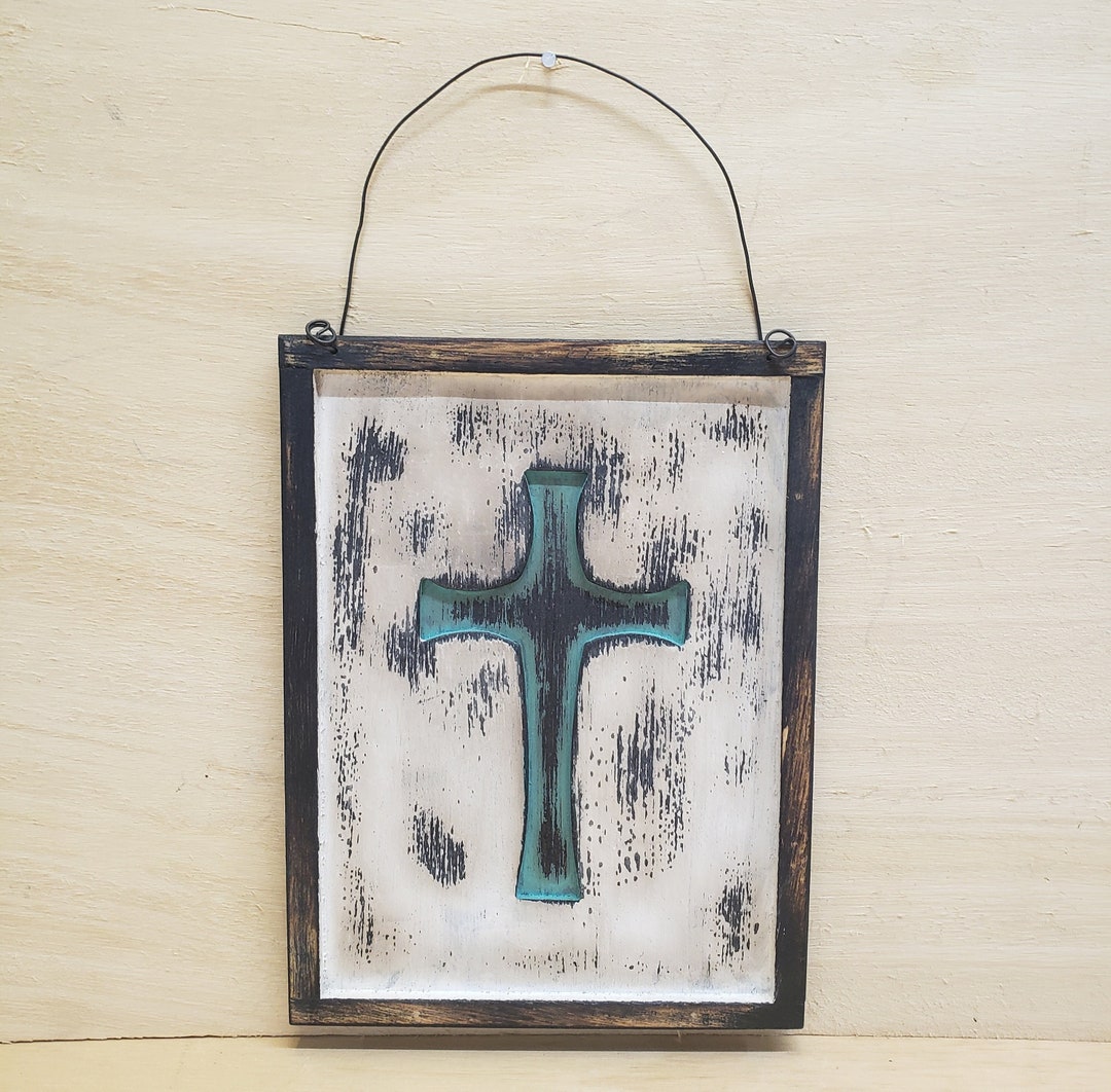 Wood Cross,primitive Cross, Framed Cross,aged Teal, Aged White, Black ...