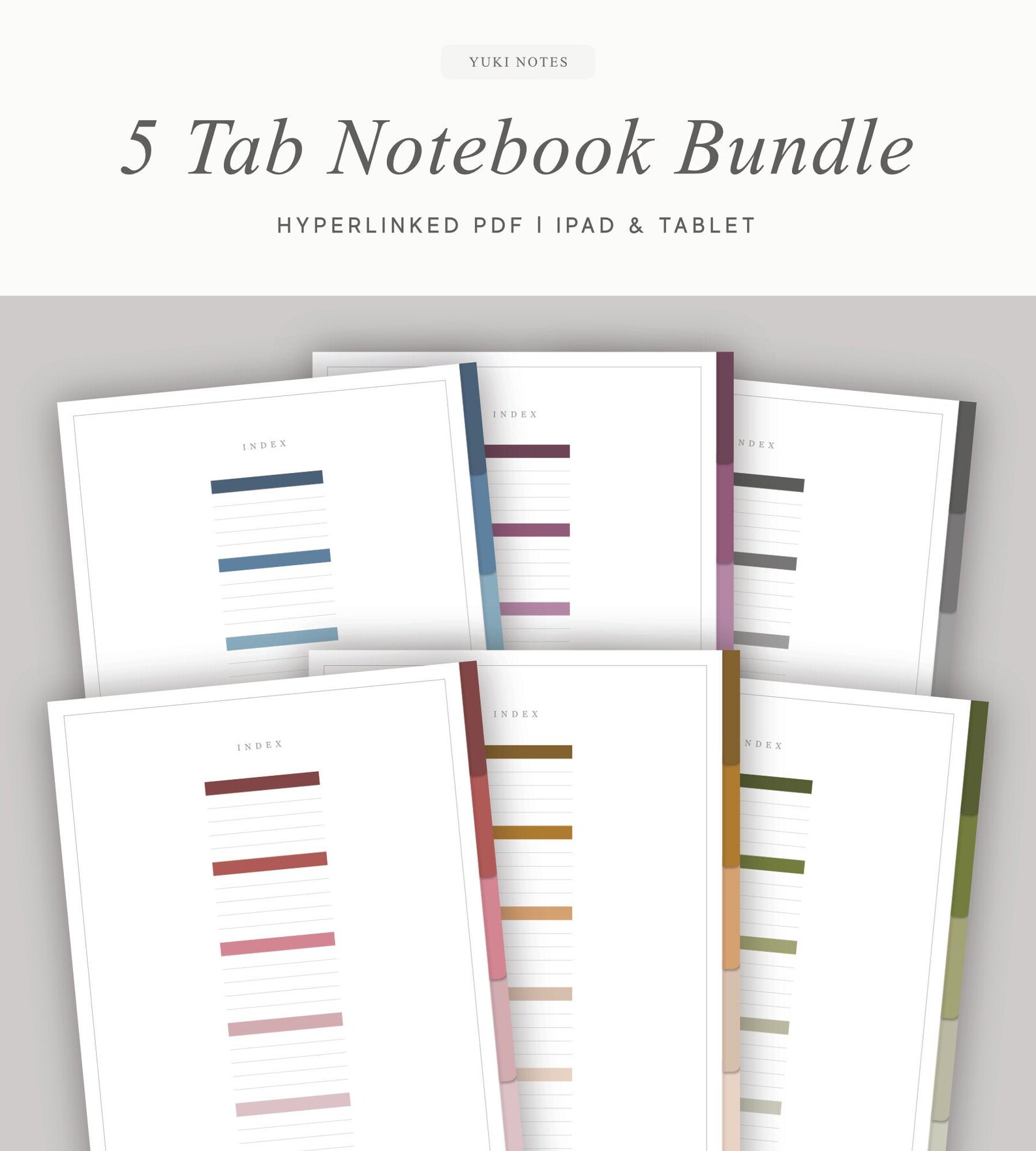 5 Tab Digital Notebook Bundle, Hyperlinked PDF, Lined, Grid, Dotted ...