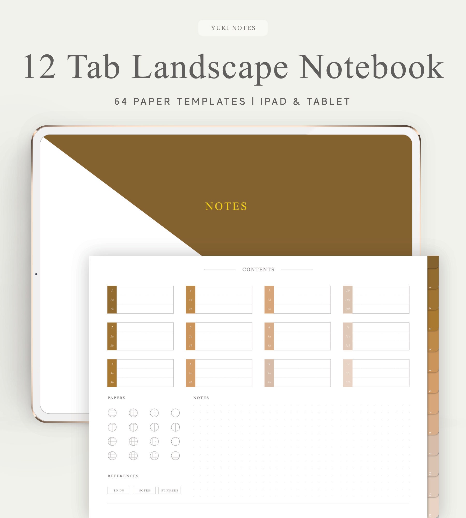 12 Tab Landscape Digital Notebook, Hyperlinked PDF, Lined, Grid, Dotted ...