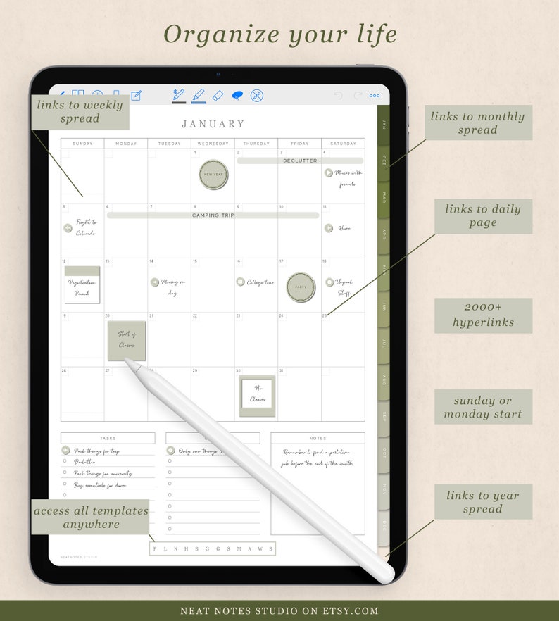 Undated Digital Planner Goodnotes Template Hyperlink Tabs Digital ...
