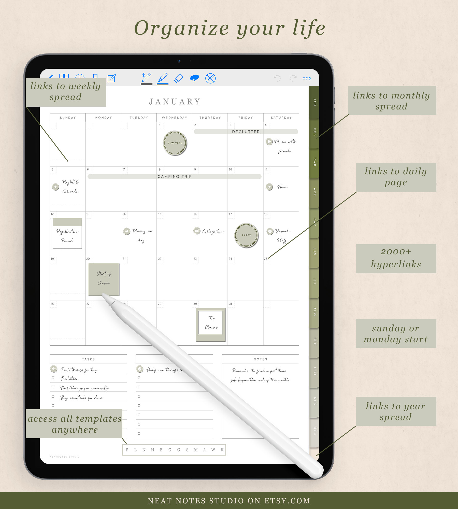 Undated Digital Planner Goodnotes Template Hyperlink Tabs Digital ...