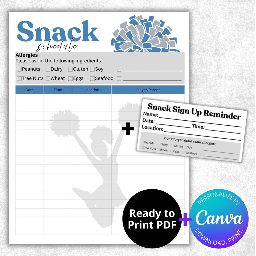 Cheerleading Snack Sign-up Sheet + Reminder Cards | Ready-to-print ...