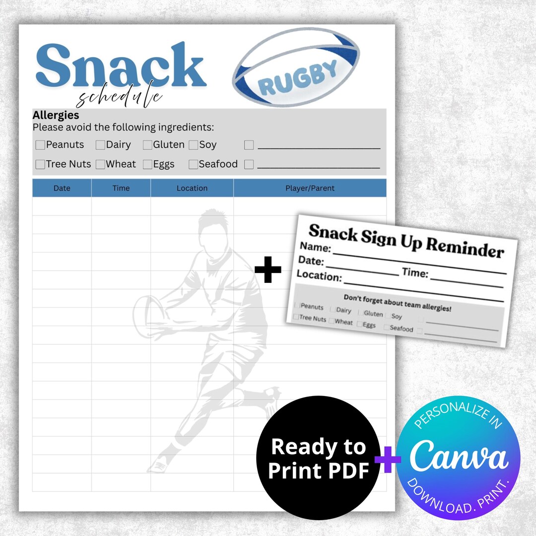 Rugby Snack Sign-up Sheet + Reminder Cards | Ready-to-print Files and ...