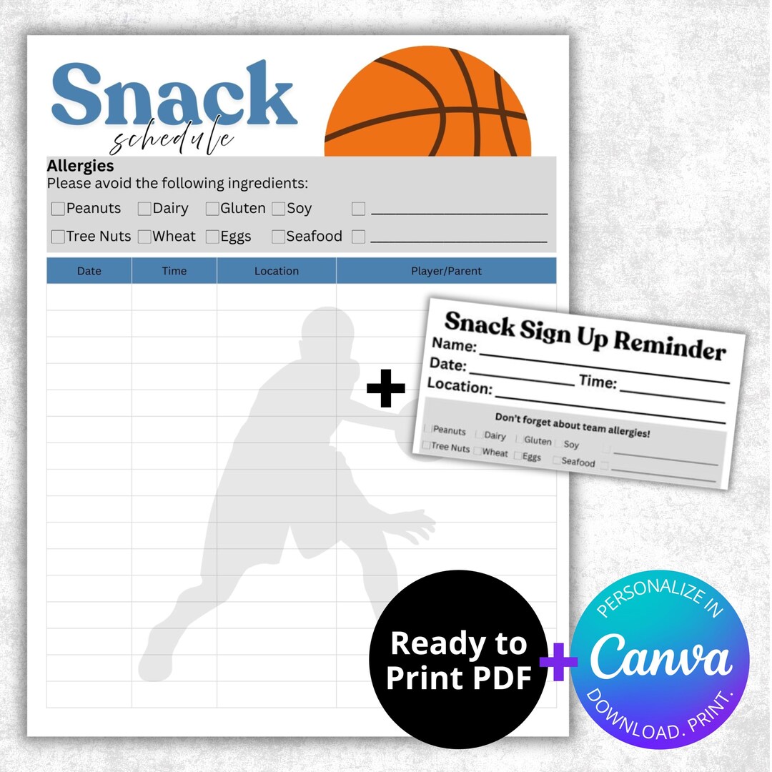 Basketball Snack Sign-up Sheet + Reminder Cards | Ready-to-print Files ...