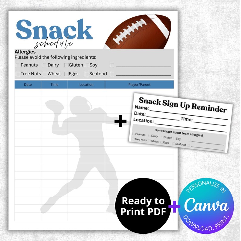 Football Snack Sign-up Sheet + Reminder Cards | Ready-to-print Files ...