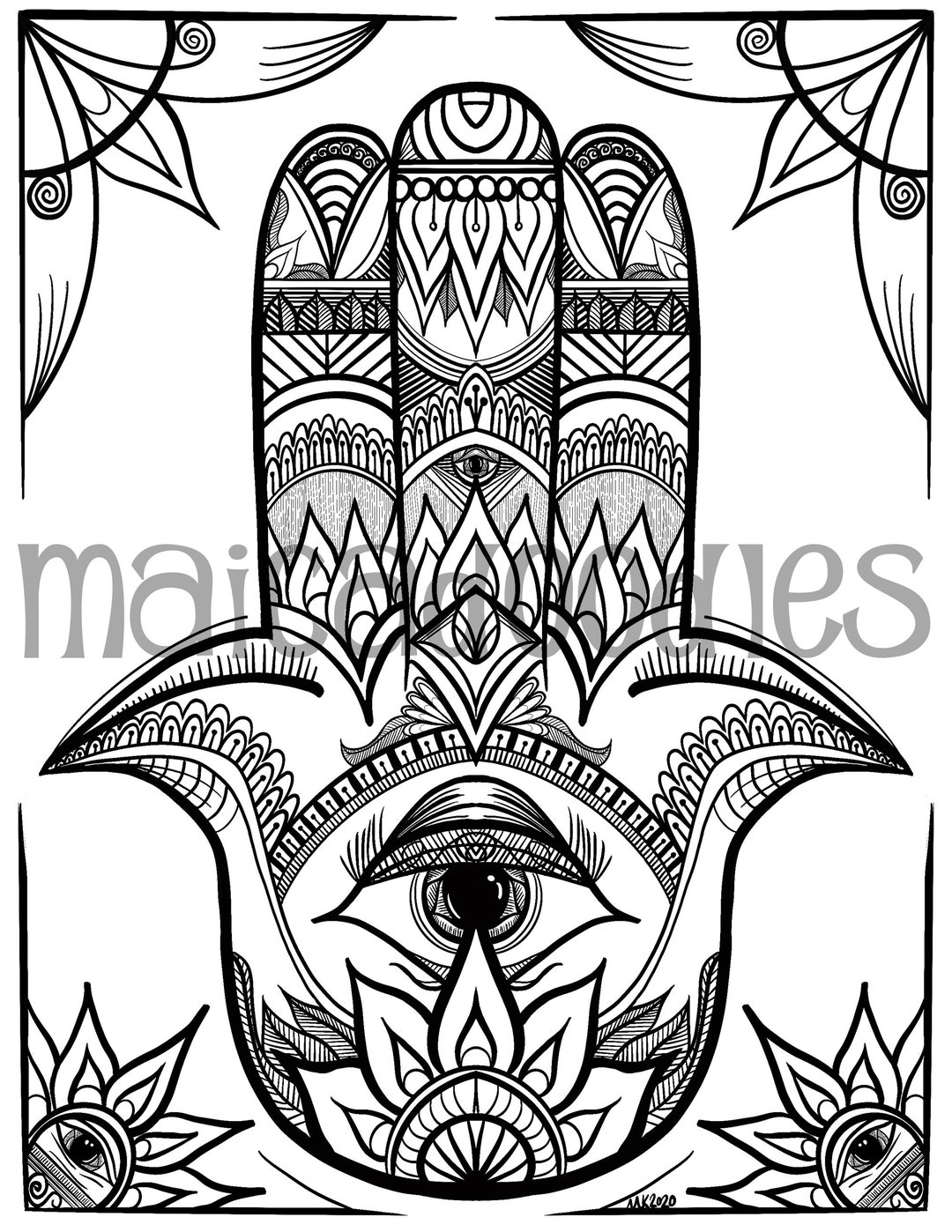 Coloring Page-'second,' Instant Download, Print at Home, Lotus Hamsa ...