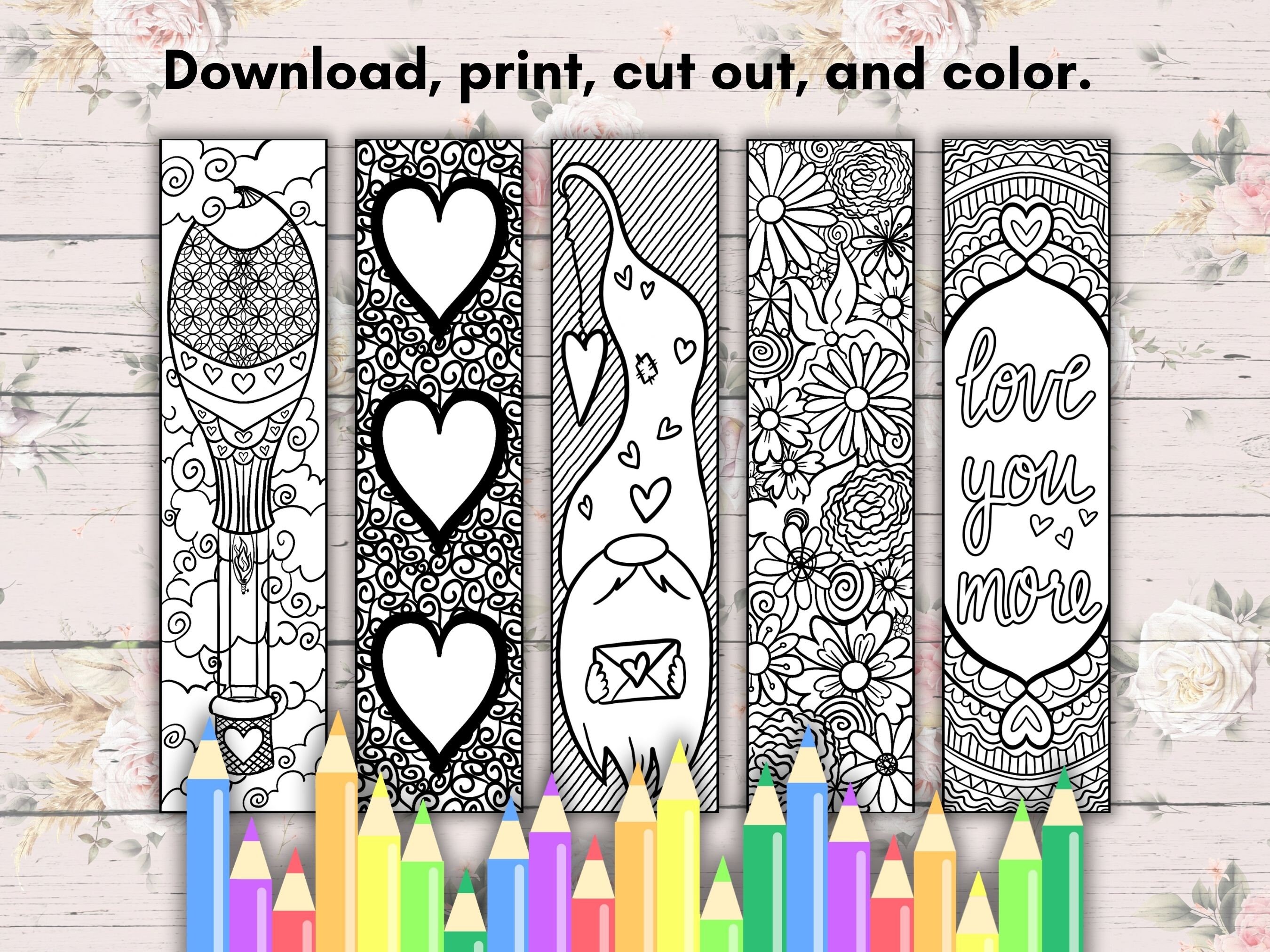Valentine's Day Bookmarks, Color Your Own, 5 Unique Designs, Instant ...