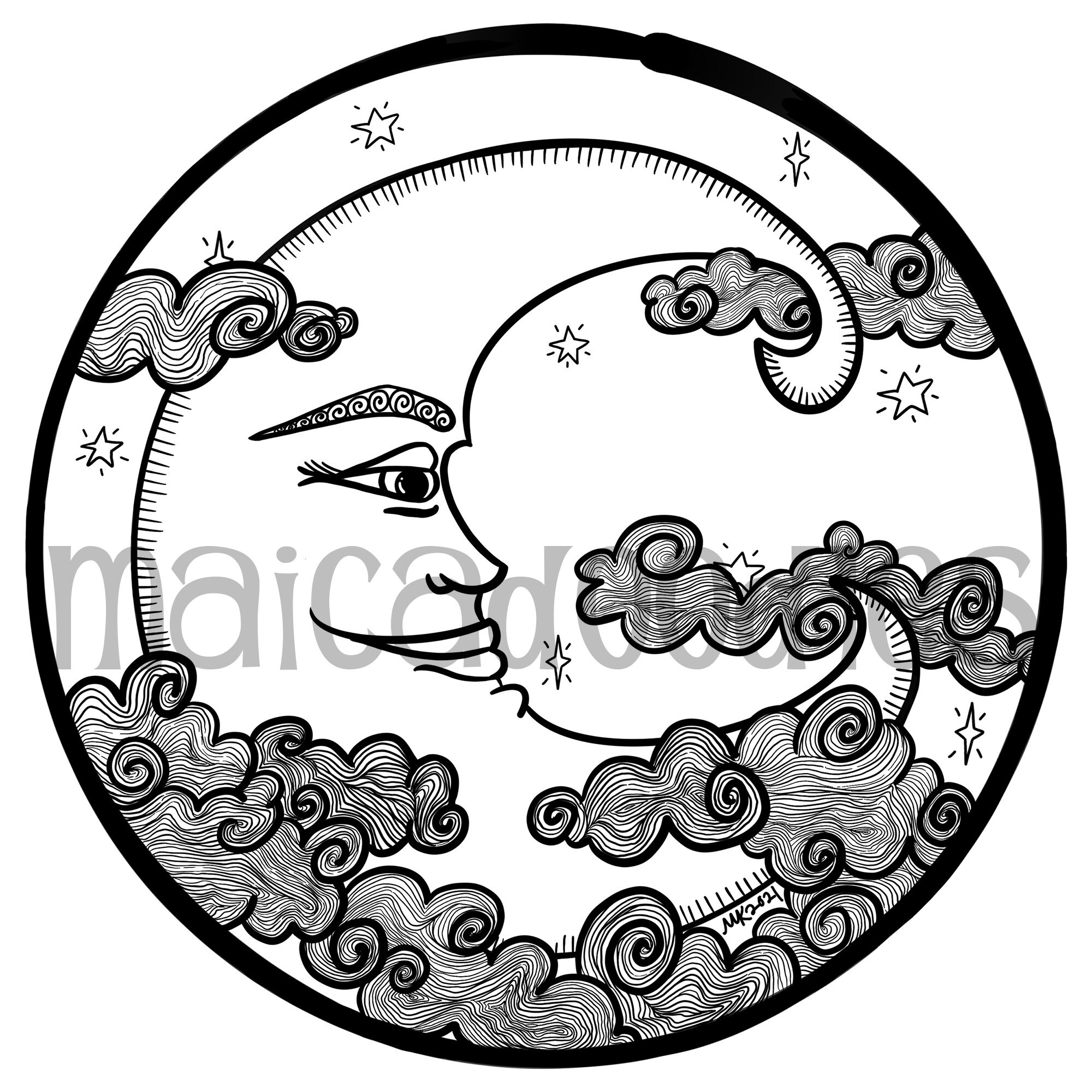 Coloring Page, 'moonlight', Instant Download, Print at Home, Moon ...