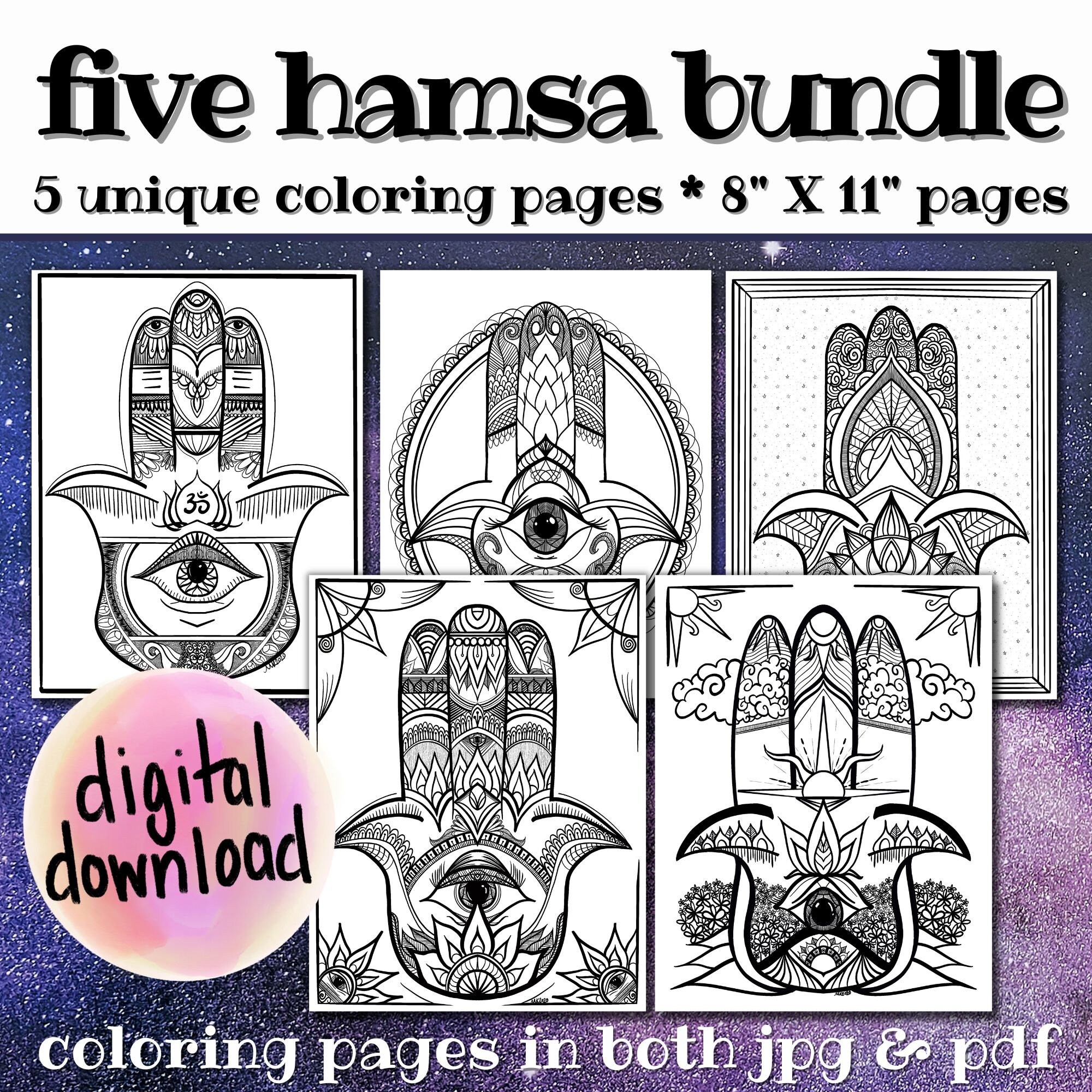 Five Hamsa Coloring Page Bundle, Five Unique Designs, Instant Download ...