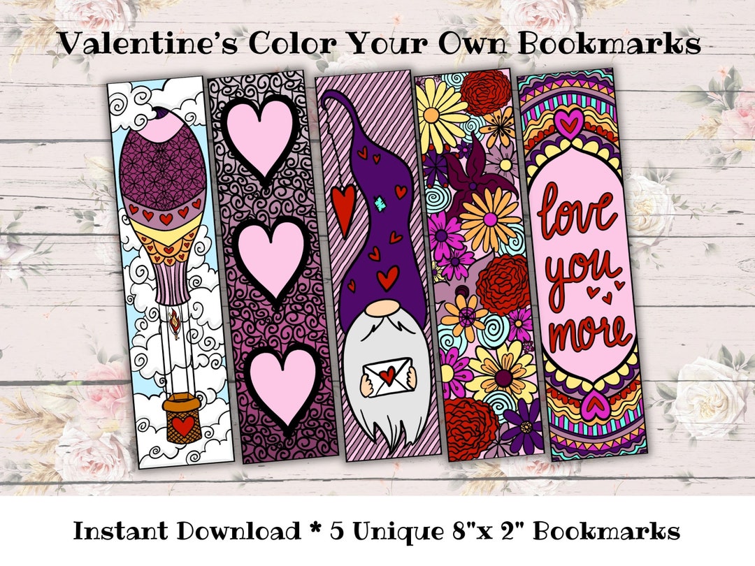 Valentine's Day Bookmarks, Color Your Own, 5 Unique Designs, Instant ...
