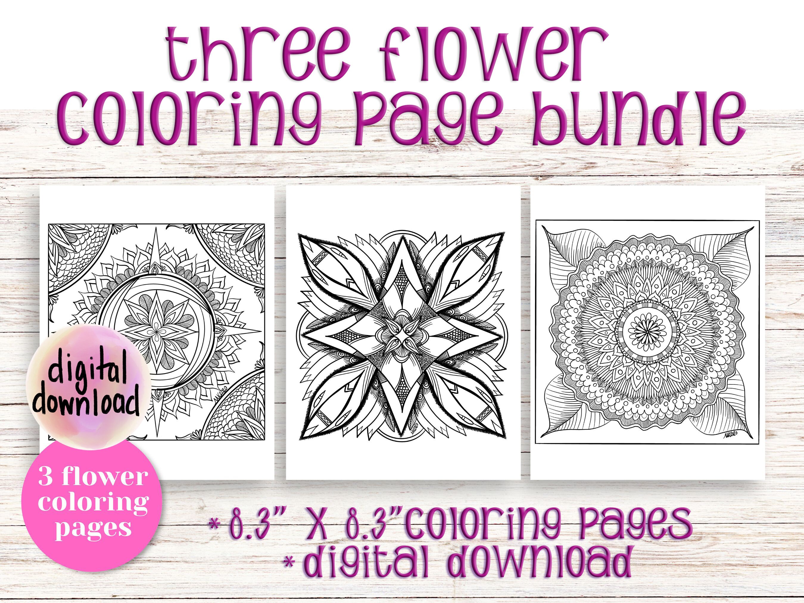 Three Flower Coloring Page Bundle | Instant Download | Print at Home ...