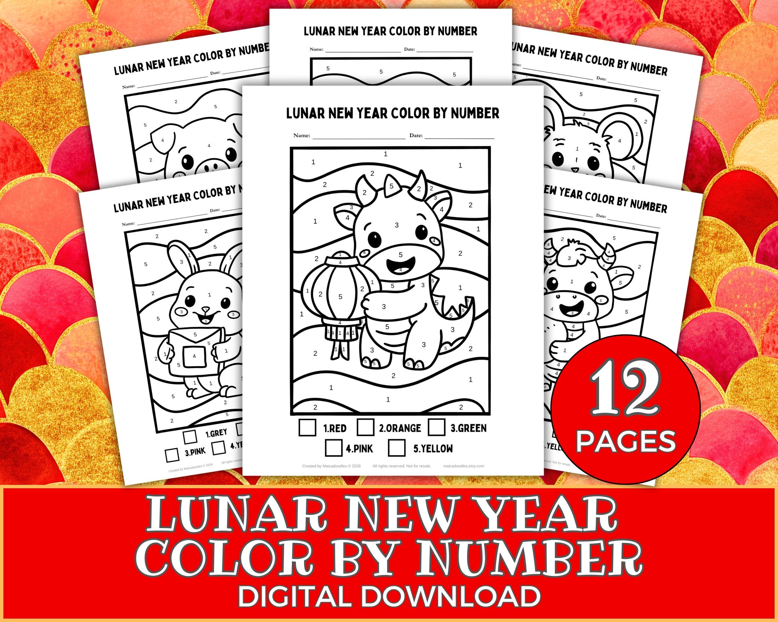 Lunar New Year Color by Number Coloring Pages, Kids Preschool Printable ...