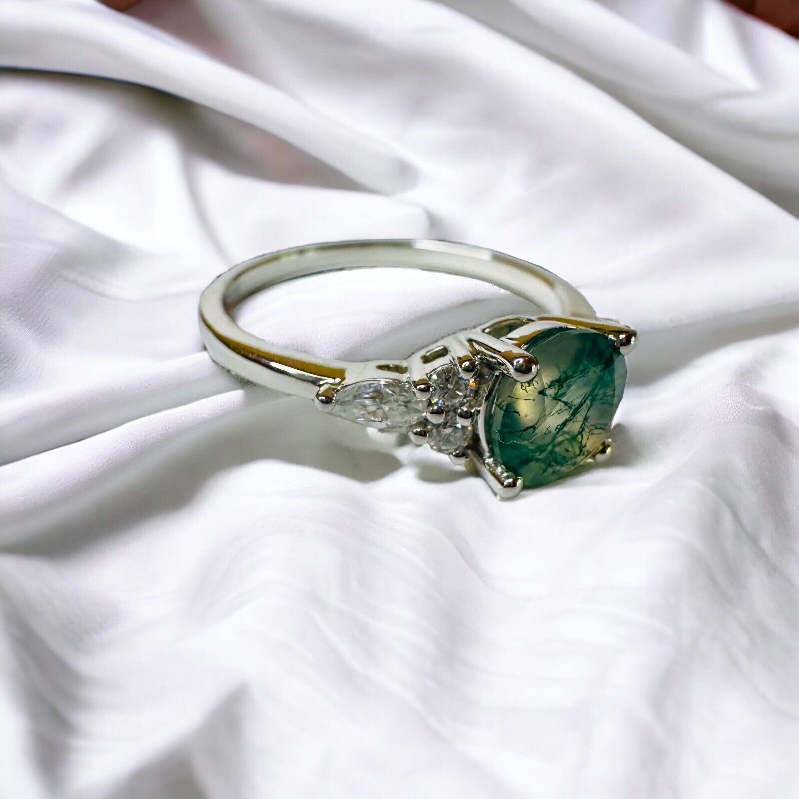 10k White Gold Moss Agate & Diamond Ring Size 6.5 Round Cut Engagement Ring 2.4g Fantasy Promise ...