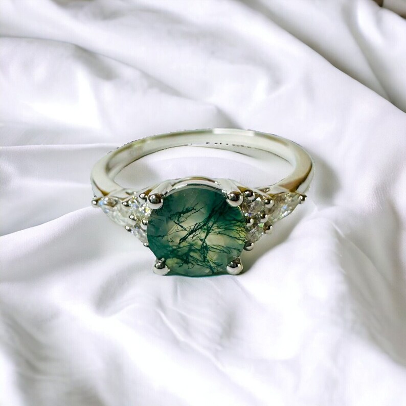 10k White Gold Moss Agate & Diamond Ring Size 6.5 Round Cut Engagement Ring 2.4g Fantasy Promise ...
