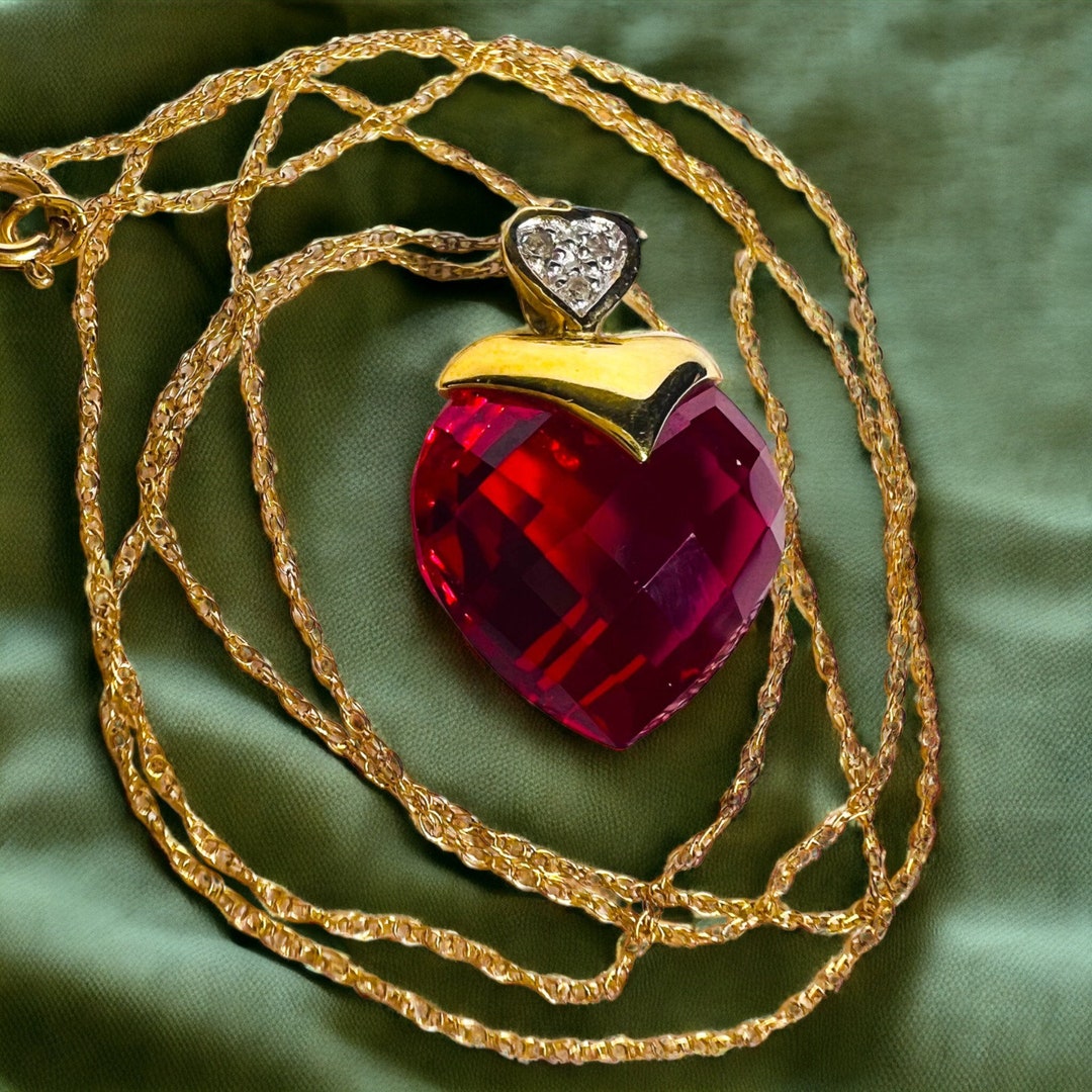 10k Yellow Gold Ruby Heart Necklace: Diamond Accent, 16" Chain - Etsy