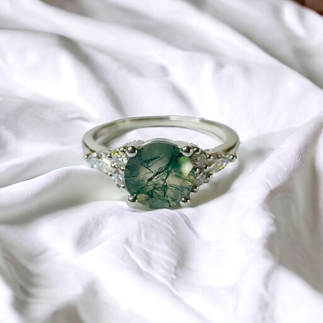 10k White Gold Moss Agate & Diamond Ring Size 6.5 Round Cut Engagement Ring 2.4g Fantasy Promise ...