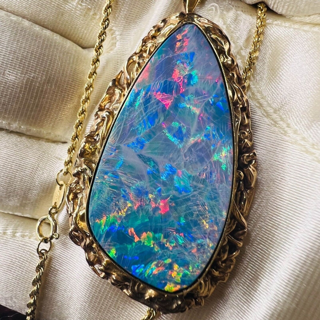 Vintage 10K Gold Australian Black Opal Brooch Necklace - 14K Gold Chain ...