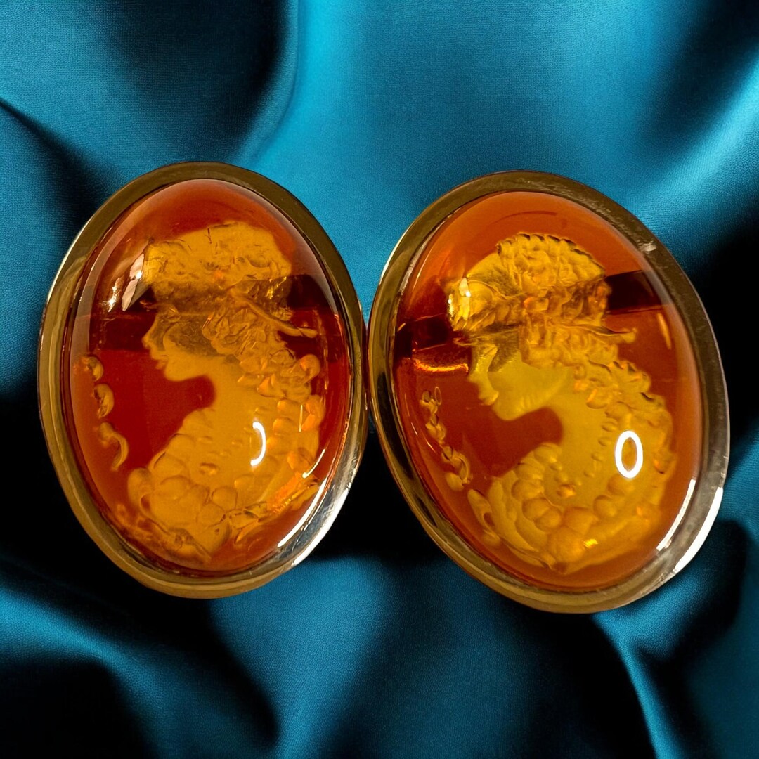 ANTIQUE- 14k Gold- Amber Cameo Earrings -30 CTTW- Victorian- Hand ...