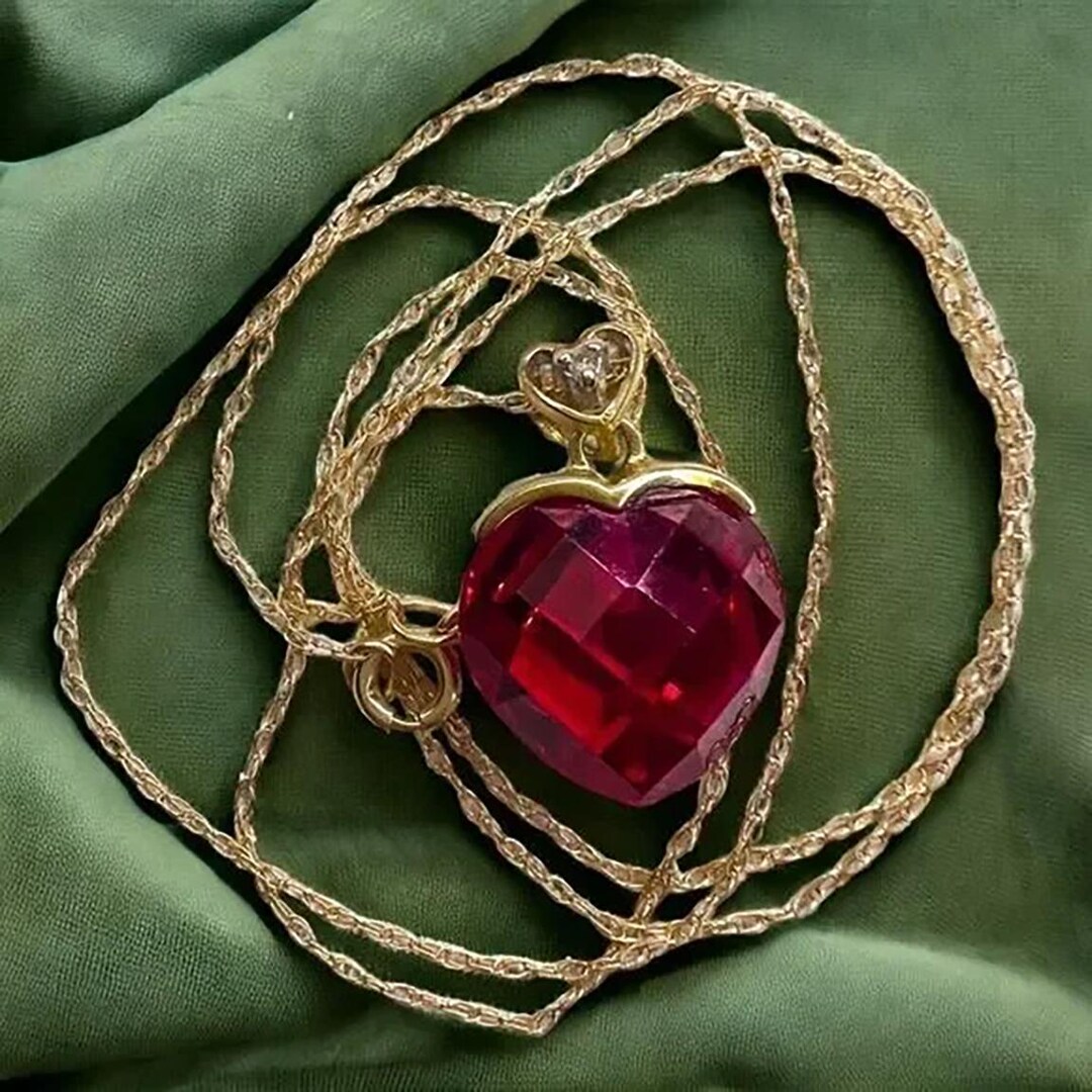 10K Gold- Ruby & Diamond Necklace -20" BIG -17mm Heart Briolette -red ...