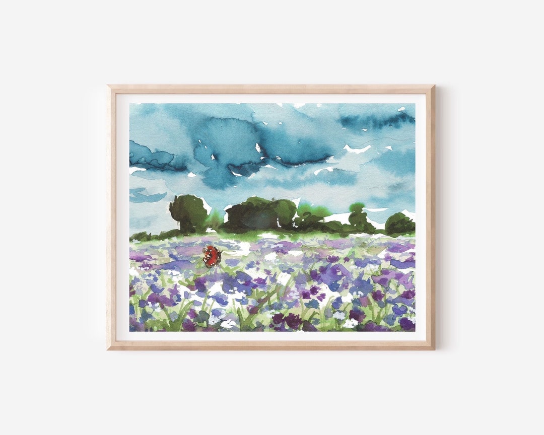 Flower Field Art Print Landscape Painting Watercolor - Etsy