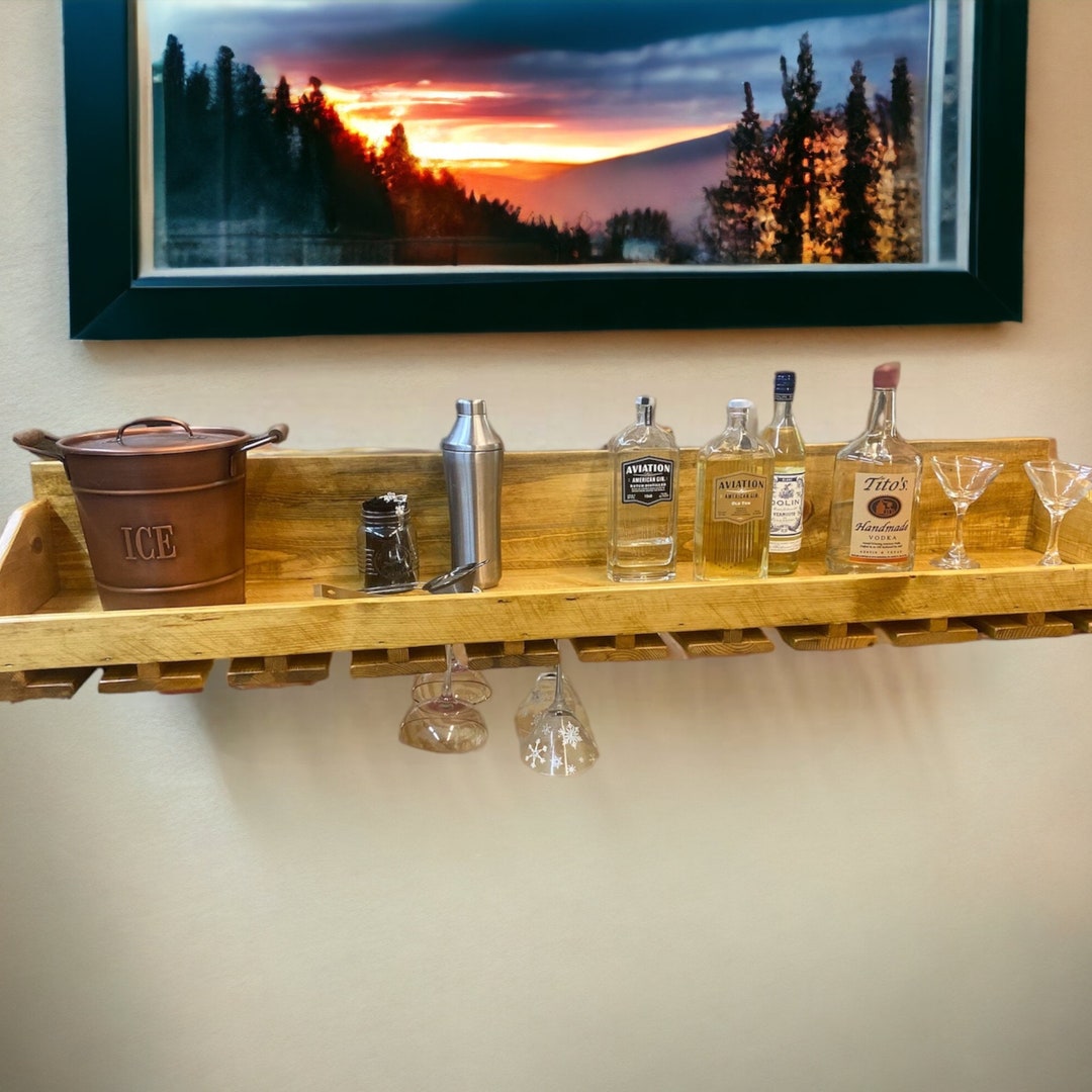 Rustic Martini Glass Rack Bar Shelf Reclaimed Wood Floating Shelf ...