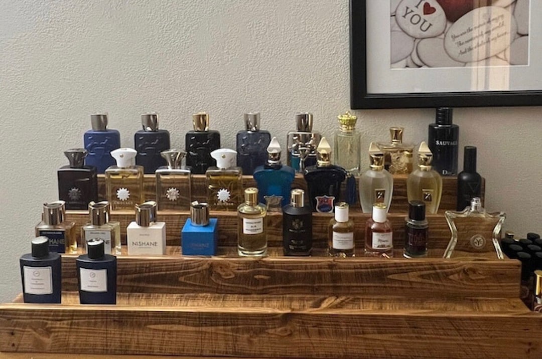 Reclaimed Wood Fragrance Display Shelf | Bathroom Vanity Organization ...