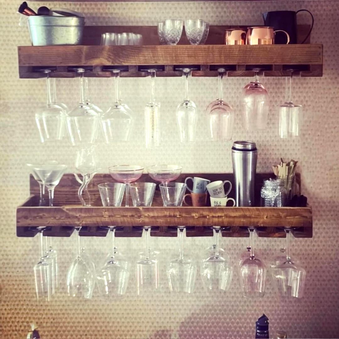 Rustic Wood Bar Shelf With Wine Glass Rack – Wall Mounted Liquor Bottle ...