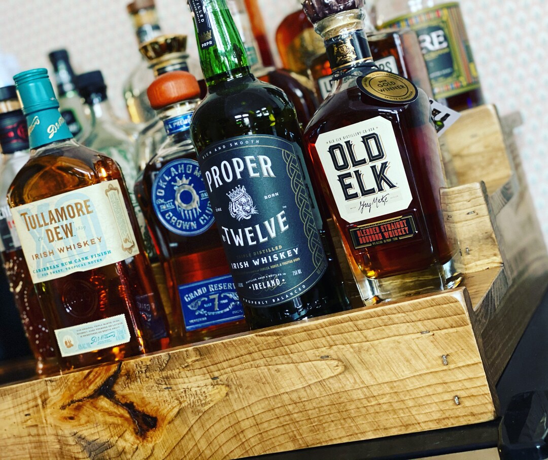 Rustic Bar Shelf | Liquor Bottle Display | Reclaimed Wood Tiered Riser ...
