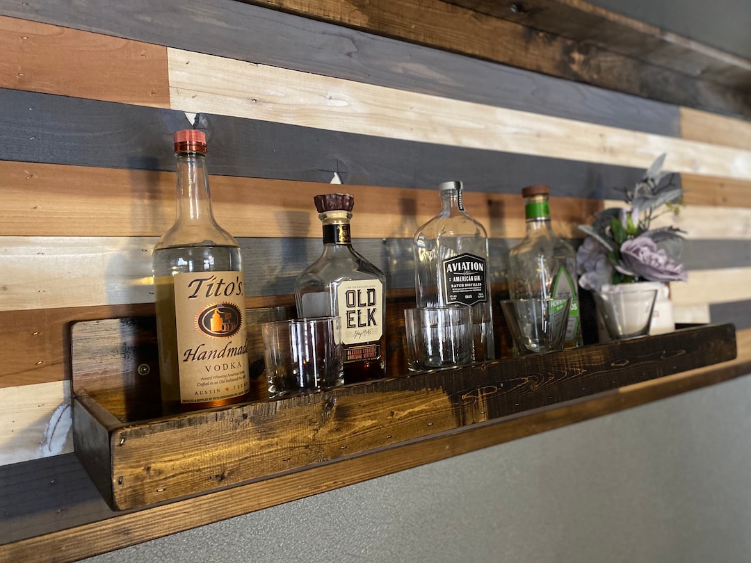 Reclaimed Wood Bar Shelf | 8” Deep Bottle Display | Handcrafted ...
